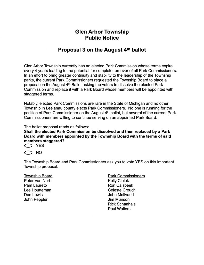Park Proposal Public Notice – Glen Arbor Township